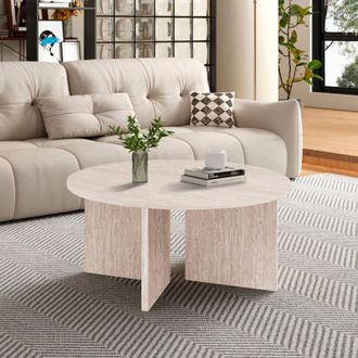 M&S Collection Table basse ronde 90x42 cm effet travertin beige - ARILO