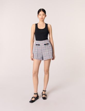 Maje Shorts Aus Tweed Mit Kontrastborten - Bleu / Rouge - Gr&ouml;&szlig;e 32 - Maje