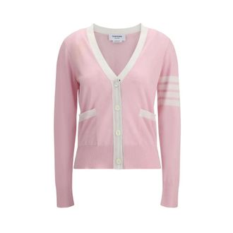 Thom Browne Femme, Pulls, Rose, Taille: 36 FR Cardigan col V avec Passepoil Contrastant