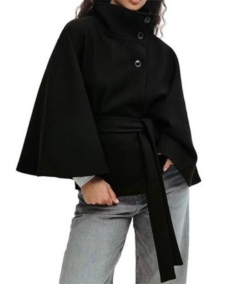 Generic Ponchos à manches chauve-souris pour femmes, manteau surdimensionné, col montant, ceinture, cape, manteau, manteau, cape, manteau, cape automne-hiver,