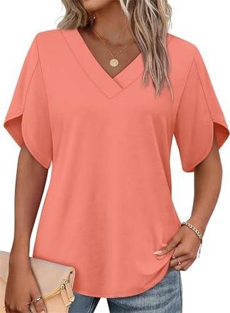 Generic T-shirt d&eacute;t&eacute; &agrave; col en V pour femme, tendance, d&eacute;contract&eacute;, habill&eacute;, &agrave; manches courtes, haut l&eacute;ger, extensible, pour lautomne, rose, XXL