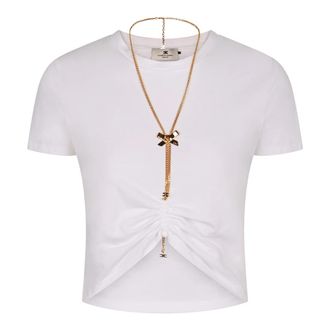 Elisabetta Franchi Metallic Chain Logo Detail Cropped T-Shirt - - Tops - Damen - Wei&szlig; - 2XL