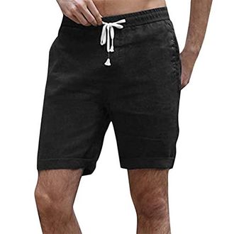 Generic Short ample en coton et lin pour homme - Pantalon court d&eacute;contract&eacute; - Pantalon court fronc&eacute; de couleur unie - Short d&eacute;t&eacute; ample - Coupe r&eacute;guli&egrave;re, Noir