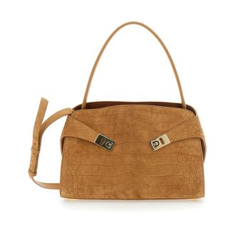 Ferragamo Femme, Sacs, Beige, Taille: ONE Size Sac bandouli&egrave;re en daim &agrave; motif croco