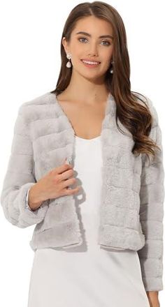 Allegra K Veste dhiver chaude courte sans col en fausse fourrure pour femme, gris clair, L