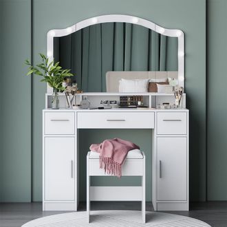 Vicco Schminktisch Wei&szlig; Lumira 110x150.5x40 cm - Frisiertisch, Aufbewahrung f&uuml;r Schminkutensilien, Pinsel, Accessoires