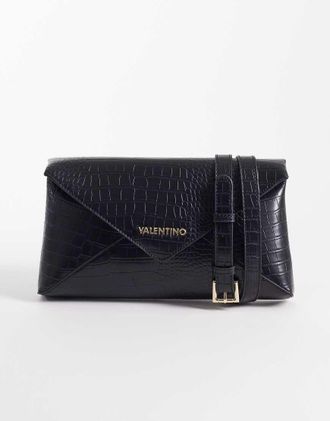 Valentino Emera - Umschlag-Clutch in Schwarz mit Kroko-Struktur und abnehmbarem Crossbody-Riemen
