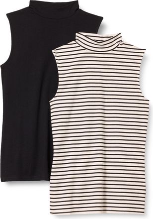 Amazon Essentials Damen Ärmelloses Rippstrick-Top mit Stehkragen und schmaler Passform, 2er-Pack, Schwarz/Bretonstreifen, XXL