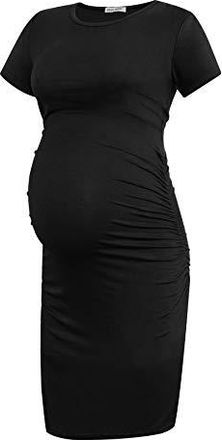 Smallshow Robe de Maternité à Manches Courtes pour Femmes Vêtements de Grossesse Froncés,Black,XL