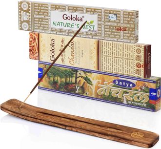 NKlaus R&auml;ucherst&auml;bchen Set - Goloka Natures Nest, Chandan & Satya Natural + Holzhalter | 3er indisches R&auml;ucherwerk mit nat&uuml;rlichen Aromen