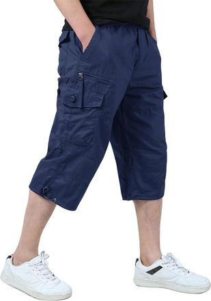 KEFITEVD 3/4 Hose Herren Baumwolle Kurze Sommerhose Cargo Shorts M&auml;nner Caprihose Army Hose Outdoor Leichte Arbeitshose Sommer Dunkelblau EU 38, CN 4XL