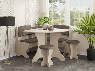 Rodnik Eckbankgruppe Bayar, 4-TLG. Set: Eckbank mit Stauraum, Viertelkreistisch und 2 Hockern, modern, klein, platzsparend (Kaschmir)