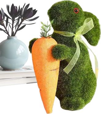 Generic Hasenfigur, gr&uuml;ne Statue mit Ostermoos - stehend beflockt mit Karotte | f&uuml;r Tischdecken, Tischdecken, Tischdekoration, Kolonialhaus, Au&szlig;endekoration, 