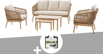 Hesperide Salon de jardin alu effet bois bross&eacute; Orissa taupe + Housse - 5 places - Hesp&eacute;ride