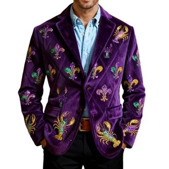 Generic Veste de costume pour homme en velours c&ocirc;tel&eacute; imprim&eacute; multicolore - Costume de carnaval - Motif Mardi Gras - Blazer - Tenue de f&ecirc;te - Vintage - Veste 
