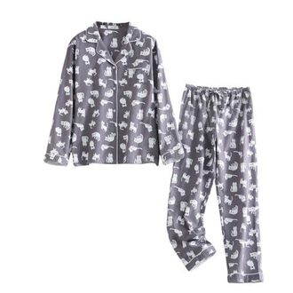 Generic Ensemble de pyjama en flanelle de coton pour femme, ensemble de pyjama confortable Sleepwea boutonn&eacute;, manches longues et cordon de serrage sur toute l