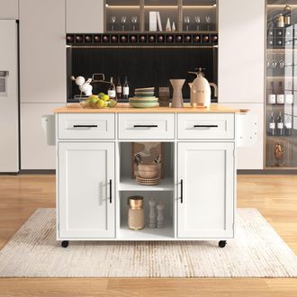 Merax K&uuml;cheninsel mit abklappbarer Arbeitsplatte, bewegliche K&uuml;cheninsel Servierwagen auf Rollen mit 3 Schubladen/2 Schlie&szlig;fach/auswechselbare Massivholzf&uuml;&szlig;