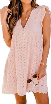 Onsoyours Robe D&Eacute;t&eacute; pour Femmes Tenue D&eacute;contract&eacute;e avec Short Int&eacute;gr&eacute; &Eacute;l&eacute;gante Col en V &Agrave; Manches Volant&eacute;es Creuse Dentelle Jacquard Couleur Unie Robe Ample ave