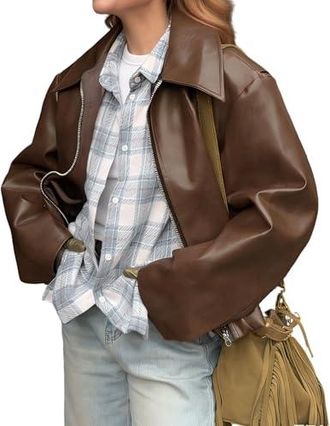 Generic Veste de moto surdimensionn&eacute;e en cuir synth&eacute;tique pour femme - Manteau de motard - Tenues tendance pour le printemps 2026, marron, L