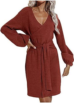 Generic Robes amincissantes pour femmes, robe d&eacute;contract&eacute;e, col en V profond, manches longues, sac de hanche, l&eacute;ger, mince, couleur unie, nou&eacute; &agrave; la taille, lo