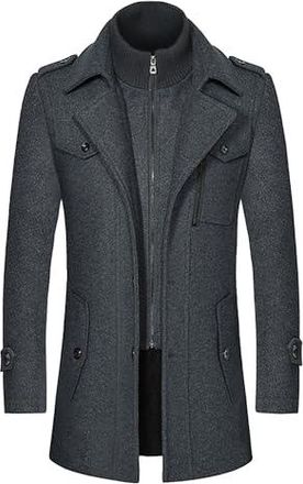 Generic Manteau long en laine m&eacute;lang&eacute;e pour homme, coupe ajust&eacute;e, revers crant&eacute; simple boutonnage, trench dhiver, gris, XXL