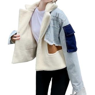 Generic Veste en jean patchwork en polaire pour femme - Veste en jean &eacute;paisse et chaude - Style d&eacute;contract&eacute;, bleu, XXL
