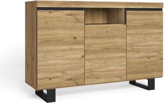 Skraut Home Anrichte f&uuml;r Wohnzimmer, Esszimmer, B&uuml;ro, Farbe: Eiche/Schwarz, 3 T&uuml;ren, 1 Fach, 140x40x92cm, Nordic - Skraut Home