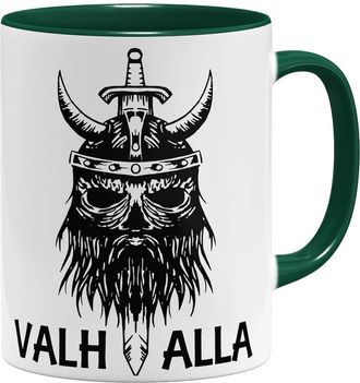 OM3 Valhalla-Vikings Tasse - Keramik Becher - 11oz 325ml - Odin Wikinger Skull Nordic Warrior - Gr&uuml;n
