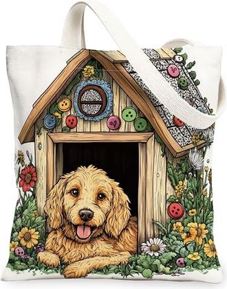 Generic Sac fourre-tout en toile motif chien gribouillage dor&eacute; printemps 33 x 38 cm, niche amusante pour chiot, sac d&eacute;picerie r&eacute;utilisable, sac d&eacute;picerie pour