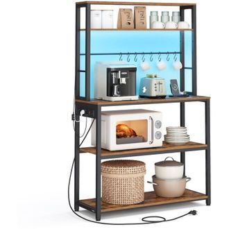 Vasagle &Eacute;tag&egrave;re de Cuisine avec LED, Meuble de Cuisine avec Multiprise, Support pour Micro-ondes avec &Eacute;tag&egrave;res R&eacute;glables, 8 Crochets, 40 x 80 x 168,4 cm