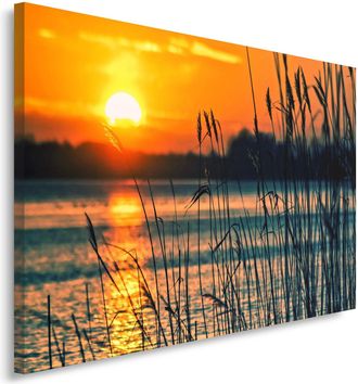 Feeby Wandbild - 1 Teilig - 80x120 cm, Leinwand Bild Leinwandbilder Bilder Wandbilder Kunstdruck, SONNENUNTERGANG, SEE, NATUR, ORANGE