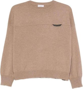 Brunello Cucinelli Femme, Pulls, Brun, Taille: 40 FR Pull ras du cou en m&eacute;lange de cachemire avec ornement