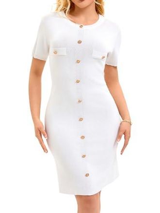 Generic Robe courte d&eacute;contract&eacute;e en tricot c&ocirc;tel&eacute; pour femme, coupe d&eacute;contract&eacute;e, manches courtes, col rond, mini pull trap&egrave;ze avec bouton d&eacute;coratif noir, tai