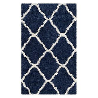 Safavieh Tapis Shaggy pour Salon, Salle à Manger, Chambre à Coucher - Collection Hudson Shag - Poils Longs - Bleu Marine et Ivoire - 91 x 152 cm