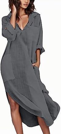 Generic Robe chemise décontractée à boutons pour femme dété 2025 - Robe de plage respirante - Tendance - Printemps - Coupe ample - Tenue denseignante boutonné