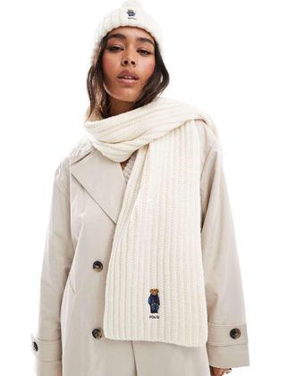 Polo Ralph Lauren &Eacute;charpe en maille &agrave; logo ours - Cr&egrave;me-Blanc
