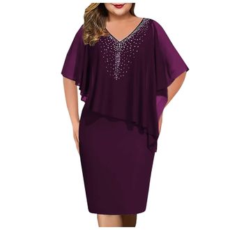 Generic Damen Kleid Langarm Abendkleider Elegant F&uuml;R Hochzeit Kleider Frauen Frauen &Uuml;Bergr&ouml;&szlig;E Unregelm&auml;&szlig;Ige Patchwork Chiffonkleid V-Ausschnitt Kurzarm Kniela