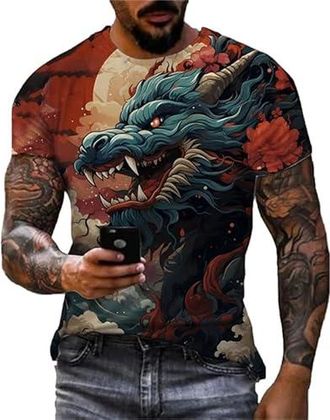 Keephen Hommes Dété Casual Muscle Manches Courtes Tops Dragon Chinois Graphique Col Rond Mode 3D Impression Rétro Rue T-Shirts