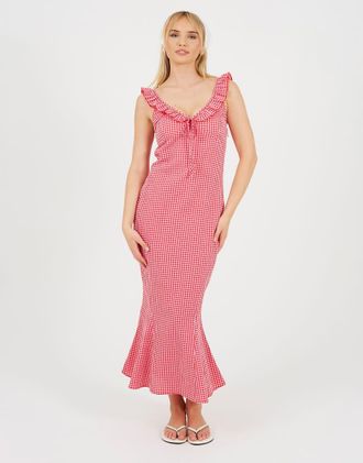 Brave Soul Robe longue sans manches &agrave; volants et col volant&eacute; - Rouge vichy