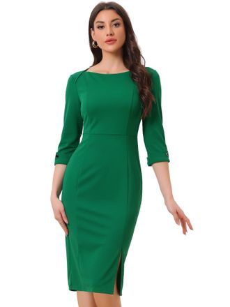 Allegra K Damen 3/4-&Auml;rmeln U Ausschnitt Rei&szlig;verschluss Elegant Arbeit Schlitz Minikleid Kleid Gr&uuml;n M
