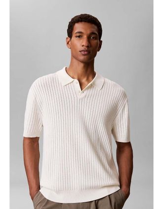 Calvin Klein Polohemd aus weichem Pointelle-Strick in Tofu-Wei&szlig;