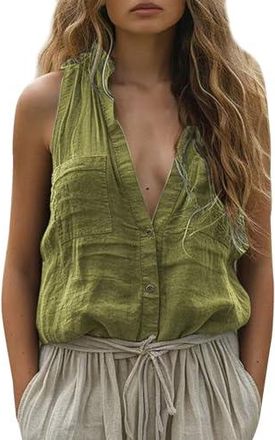 Generic Femmes Printemps Nouveau Vêtements Femmes Casual Loose Mode Sans Manches Coton Lin Couleur unie Col V Poche Gilet Gilet Sangle Un Top Cercle Parfait, 