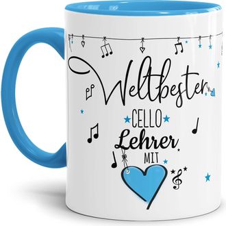 Tassendruck Berufe Tasse - Weltbester Cello Lehrer - Geschenk für den weltbesten Musiklehrer, Musikunterricht, Lehrer - Keramik Innen & Henkel Hellblau, 300 ml I 