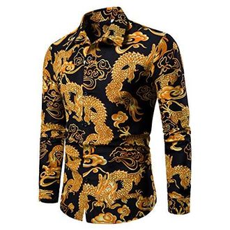 Generic Chemise &agrave; manches longues pour homme, coupe ajust&eacute;e, motif dragon, chemisiers chinois boutonn&eacute;s pour f&ecirc;te, festival, tenue de sc&egrave;ne, T-shirt noir &agrave; ma