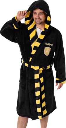 Harry Potter Hufflepuff Unisex Schwarzer Bademantel mit Kapuze | Kuschelige Fleece-Loungewear mit Krawatte | Lang&auml;rmlige Nachtw&auml;sche mit Filmmotiven | Perfekt zum 