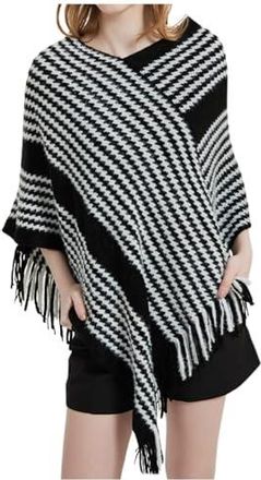 Generic Poncho Femme Hiver Chaud Chale Femme Hiver Chaud Cape Femme Effet enveloppant Poncho Manches Chauve-Souris Ray&eacute; Franges Automne-Hiver-Printemps