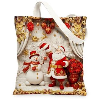 Generic Sacs fourre-tout en toile avec Père Noël, bonhomme de neige, décoration de vacances, sacs dépicerie réutilisables, vintage, légers, lavables, Rouge, 1