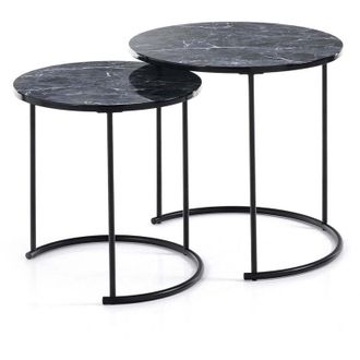 Oresteluchetta Set aus 2 runden Couchtischen in Marmoroptik und Stahl Omaha - Schwarz