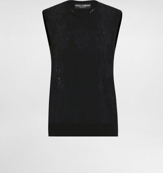 Dolce & Gabbana Tanktop Aus Wolle Mit Spitze - Frau Strickwaren Schwarz 48