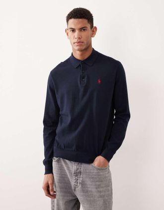 Polo Ralph Lauren Pull en coton &agrave; col polo et logo embl&eacute;matique - Bleu marine